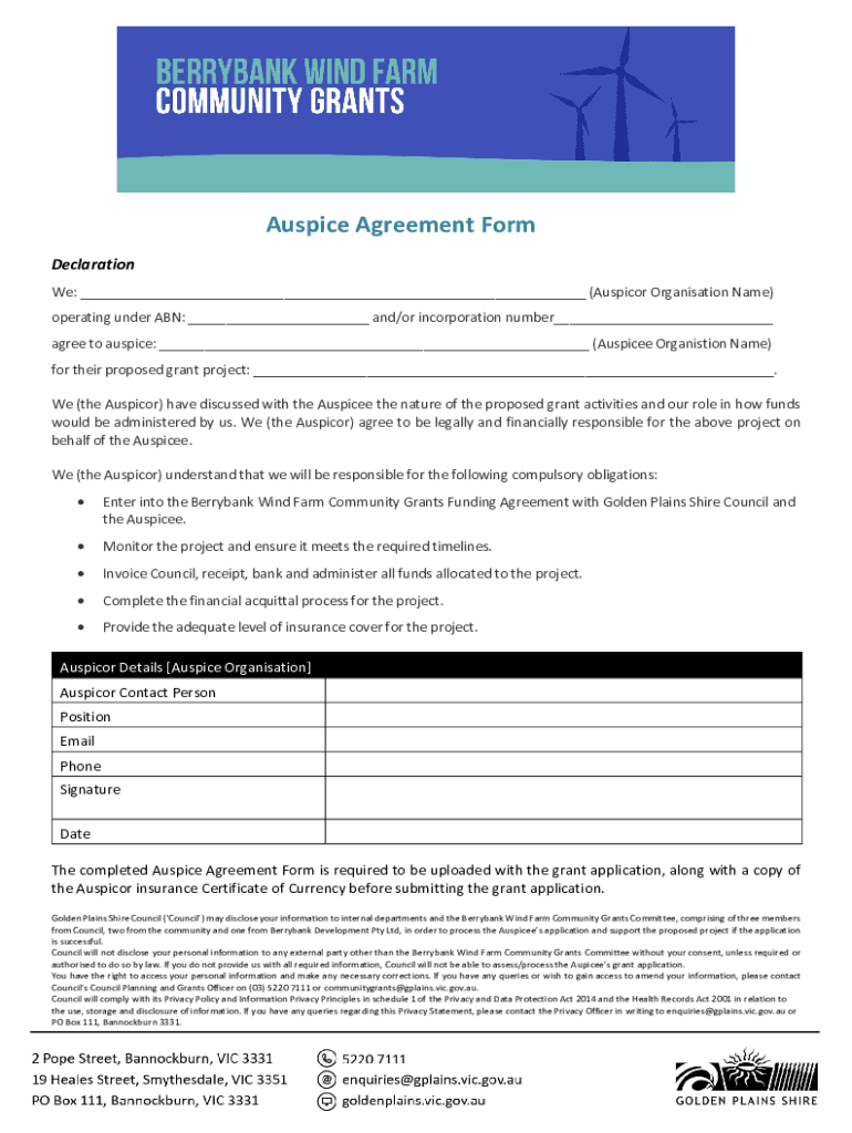 Fillable Online Auspice Agreement Form - Non Profit Training Fax Email ...