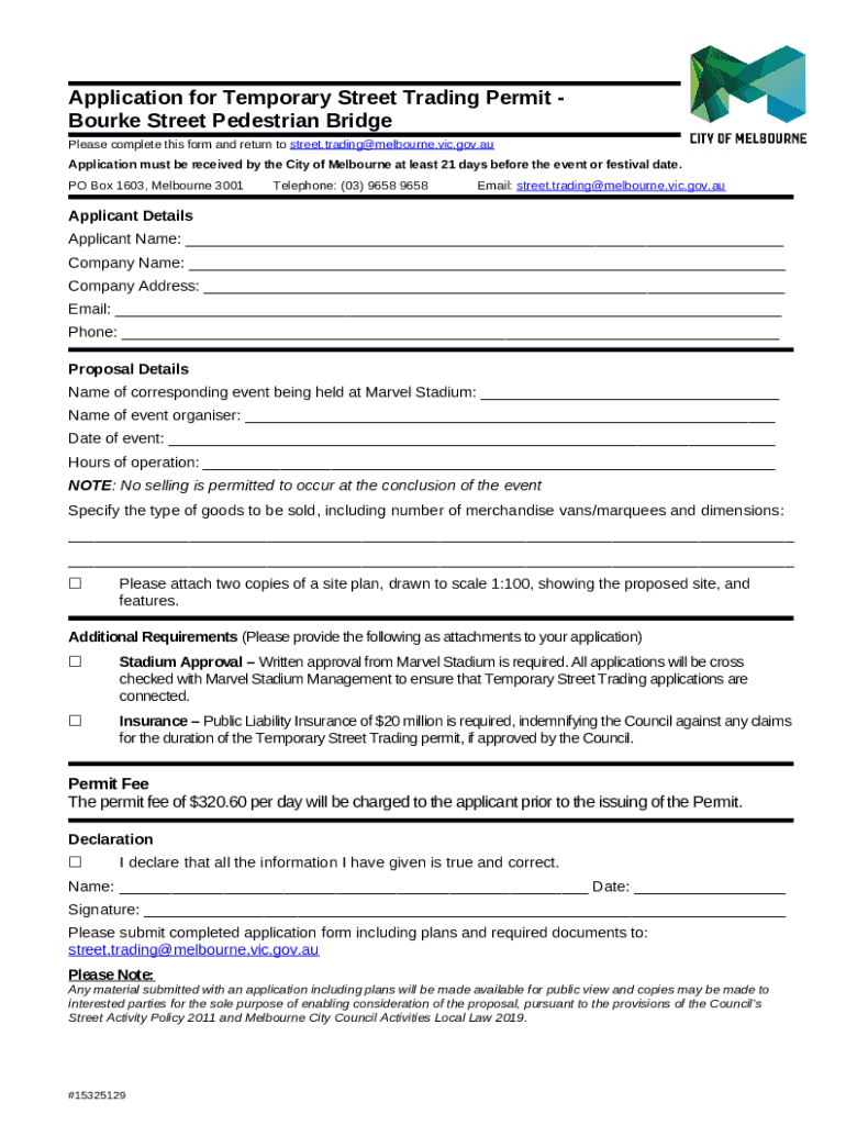 Temporary street trading permit application Doc Template | pdfFiller