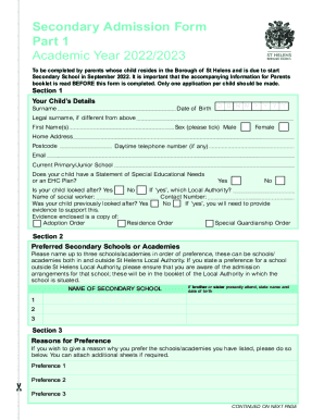 Fillable Online Secondary Admission Form Part 1 Academic Year 2022/2023 ...