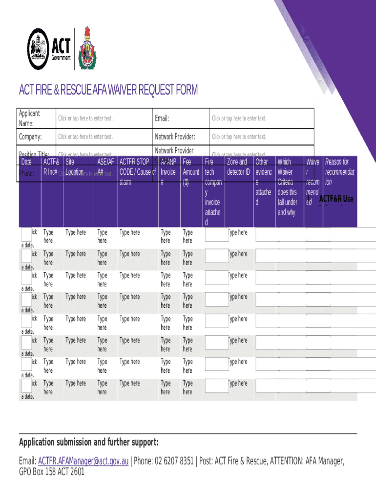 act fire & rescue afa waiver request - esa act gov Doc Template | pdfFiller