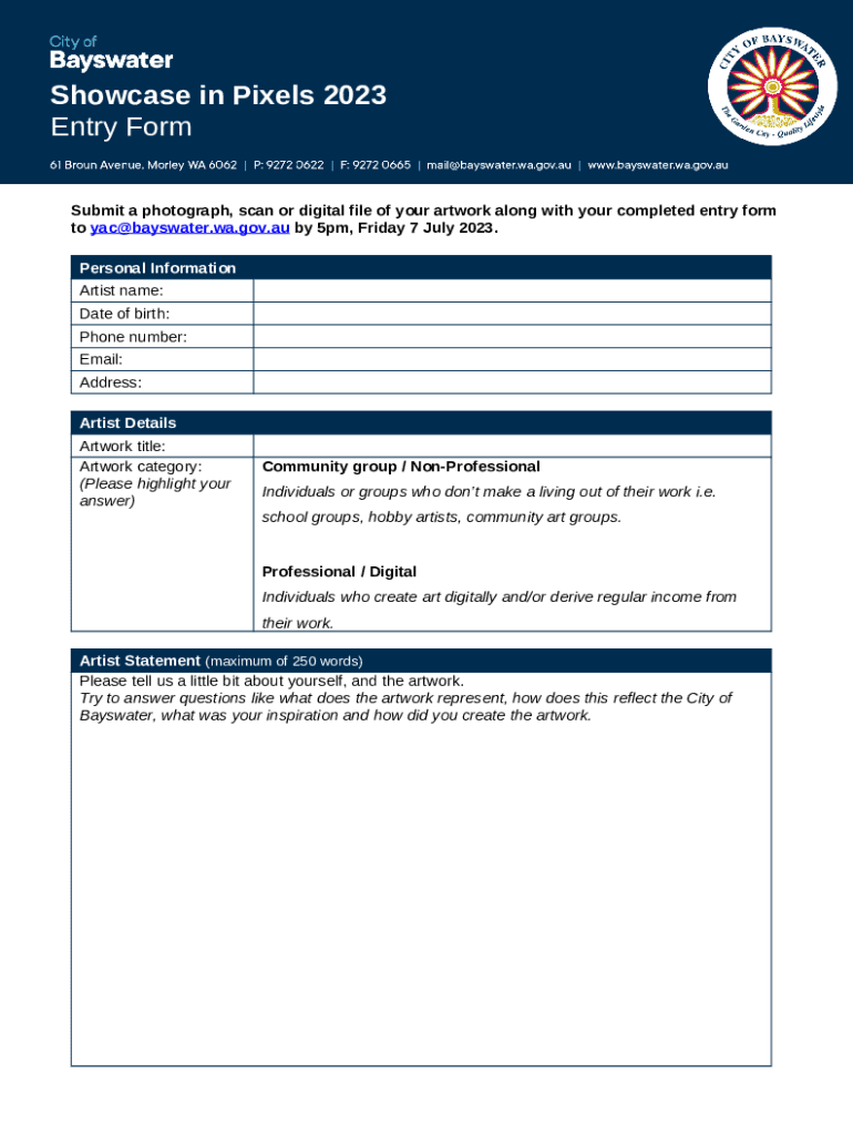 Showcase in Pixels 2023 Entry Doc Template | pdfFiller
