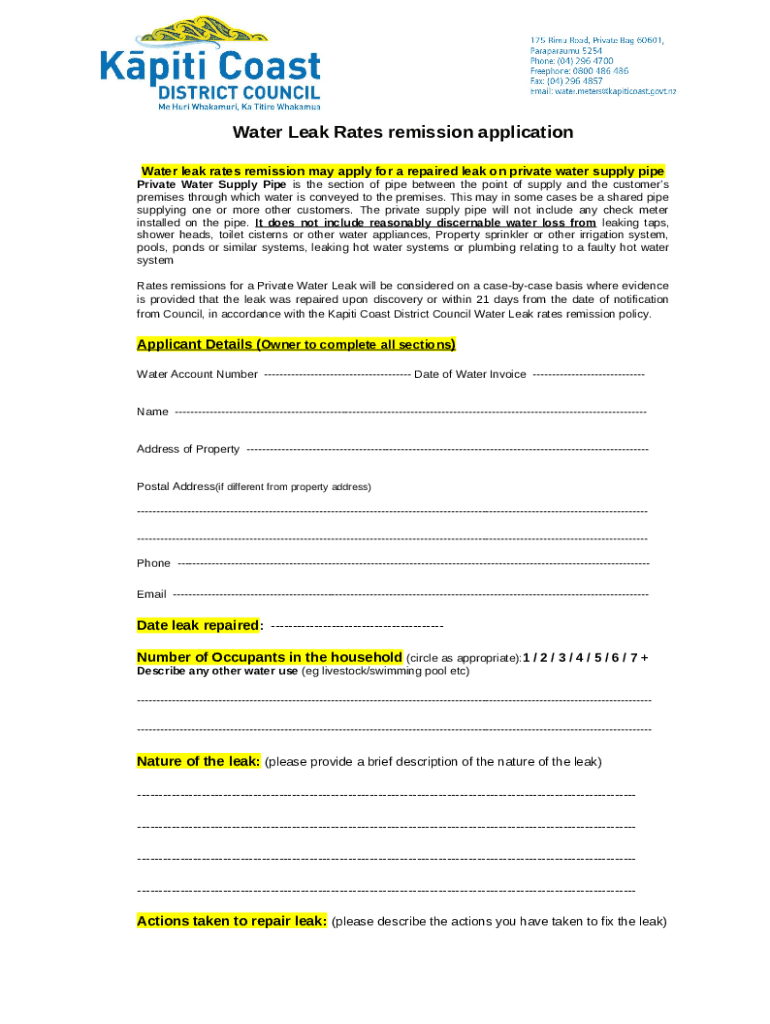 Water leak rates remission application Doc Template | pdfFiller