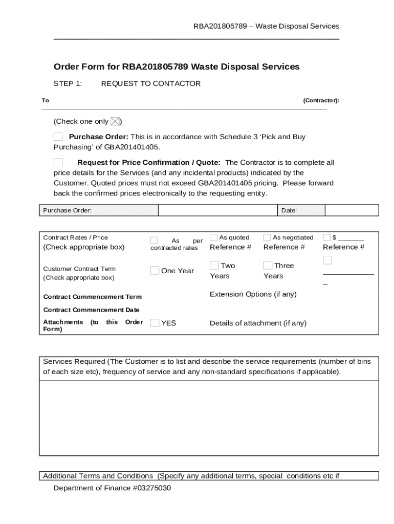 Order for RBA201805789 Waste Disposal Services Doc Template | pdfFiller