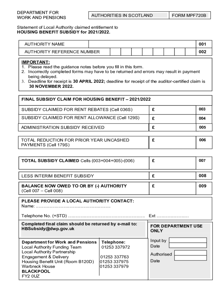 Fillable Online 2021 to 2022 Housing Benefit subsidy final claim form for Scotland Fax Email ...