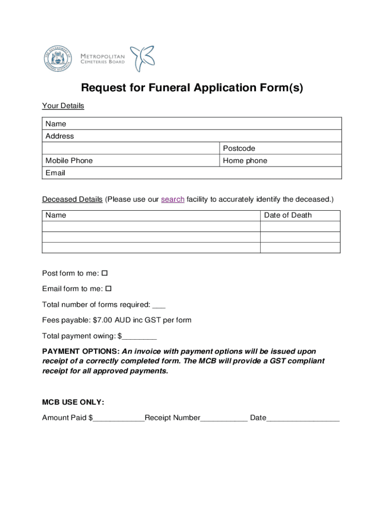 Fillable Online Request for Funeral Application Form(s) Fax Email Print ...