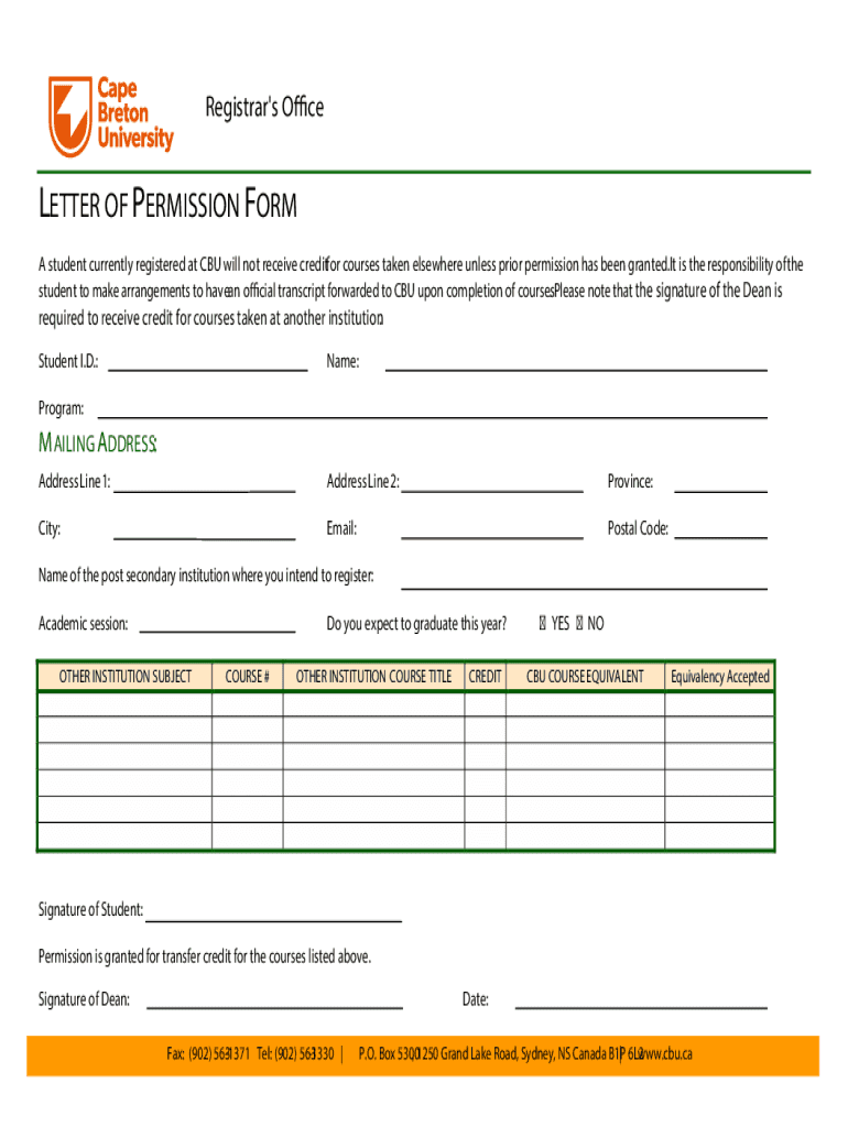 Fillable Online Fillable Online letter of permission form - CBU Fax ...