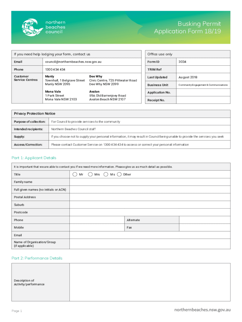 Fillable Online Busking Permit - Northern Beaches Council - NSW - ABLIS ...