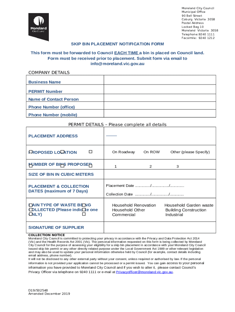 Skip bin application Doc Template | pdfFiller