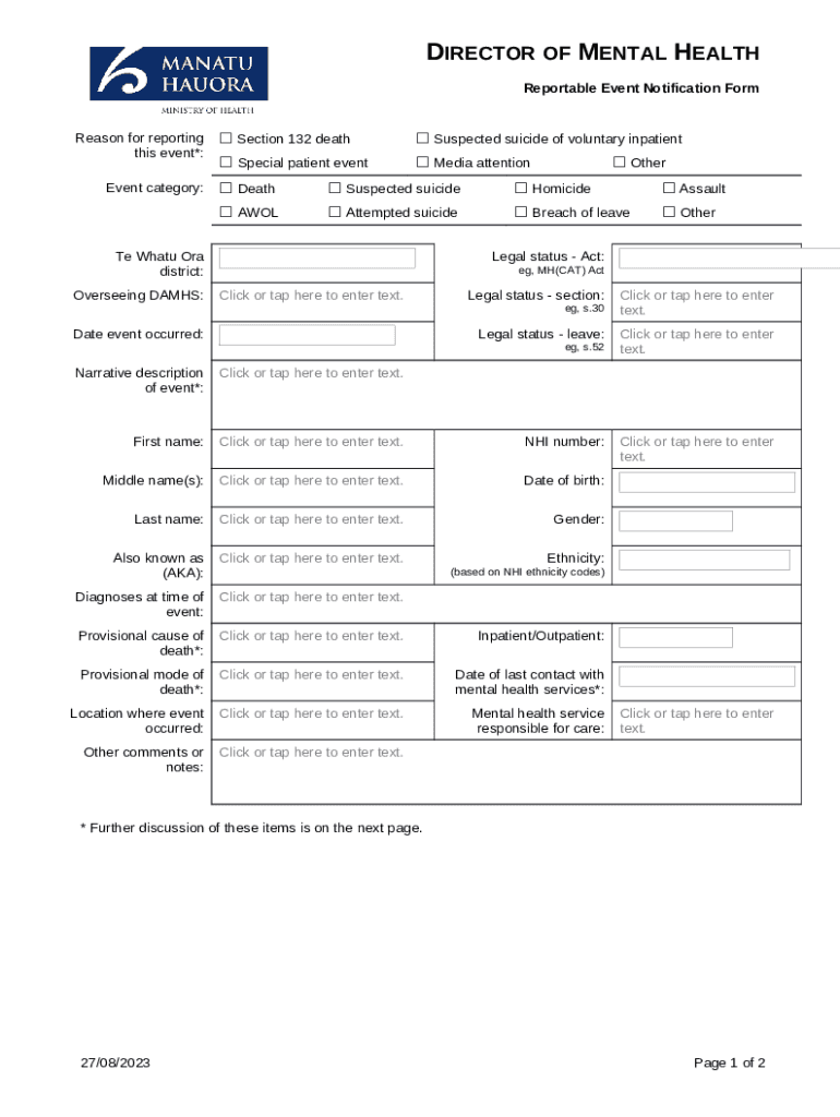 Director of Mental Health Reportable Event Notification Doc Template ...
