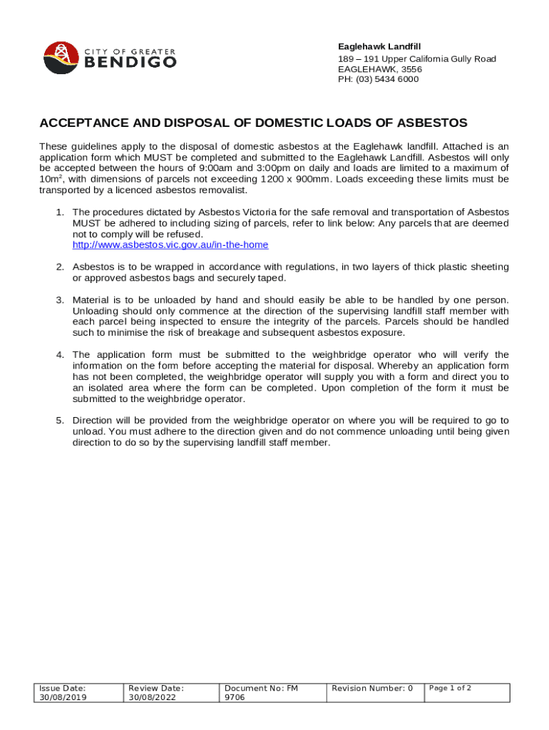 acceptance and disposal of domestic loads of asbestos Doc Template | pdfFiller