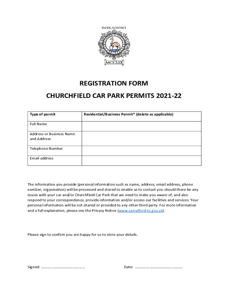 Fillable Online Churchfield-Car-Park-Permit-Registration-Form. ... Fax ...