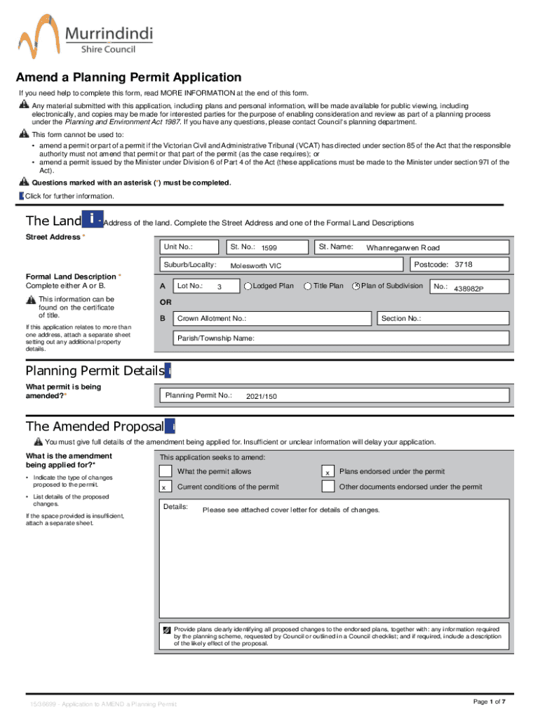 Fillable Online Planning Permit Details i The Amended Proposal i Fax ...