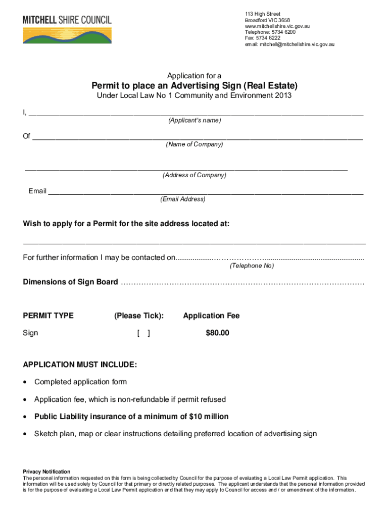 Fillable Online Application for a Permit to place an Advertising Sign (Real Estate) Fax Email ...