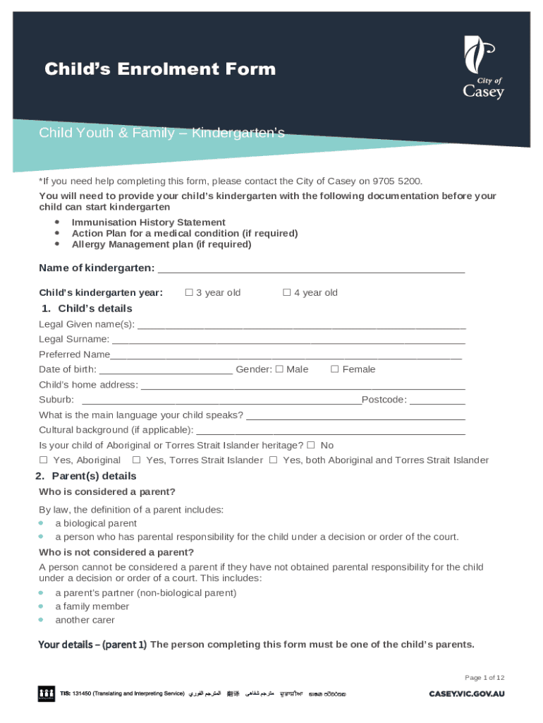 Child's Enrolment Doc Template | pdfFiller