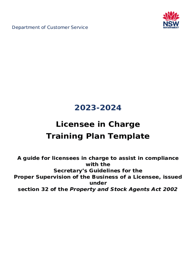 Licensee in Charge Training Plan Template Doc Template | pdfFiller