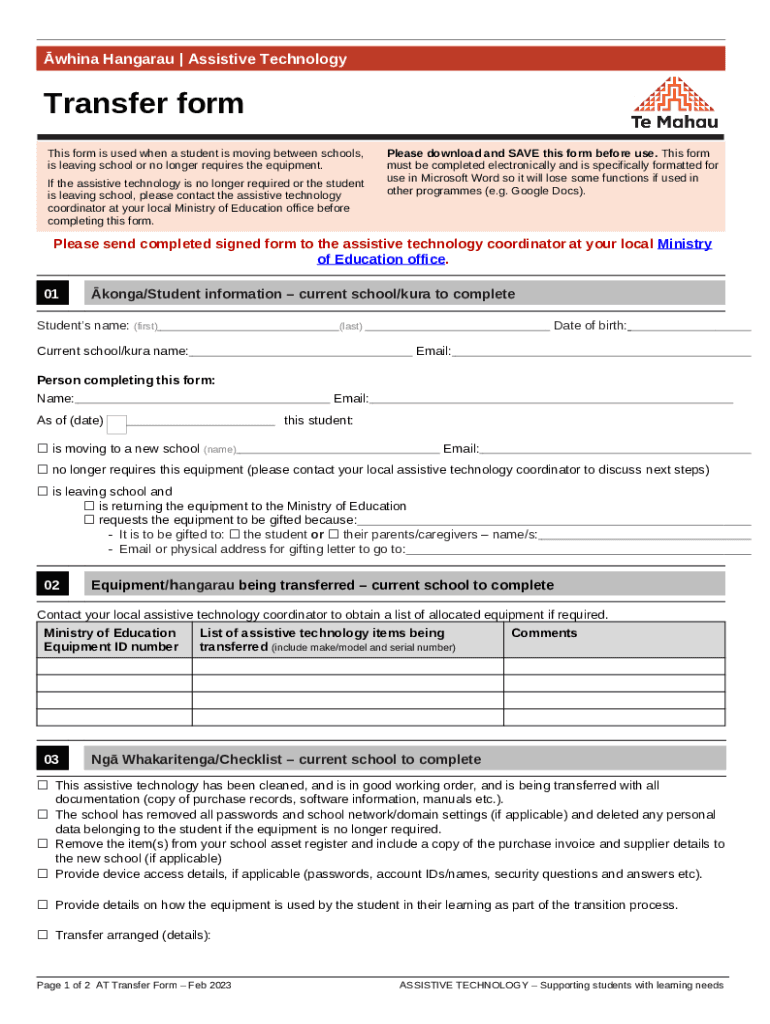 Assistive Technology Transfer Form - Blank Fillable Template | Fill Out ...