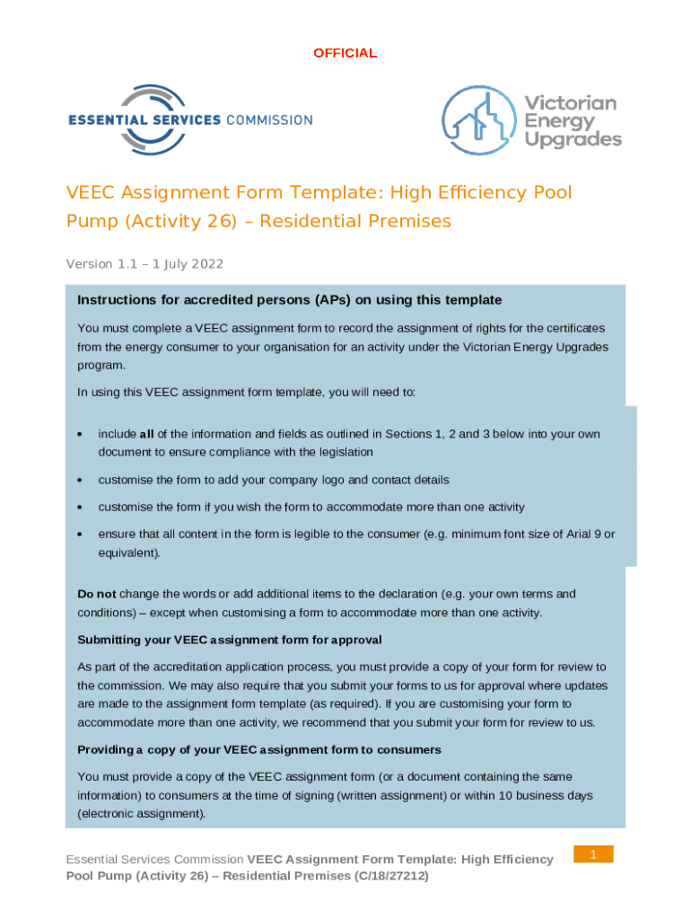 VEEC Assignment Template: High Efficiency Pool ... Doc Template | pdfFiller
