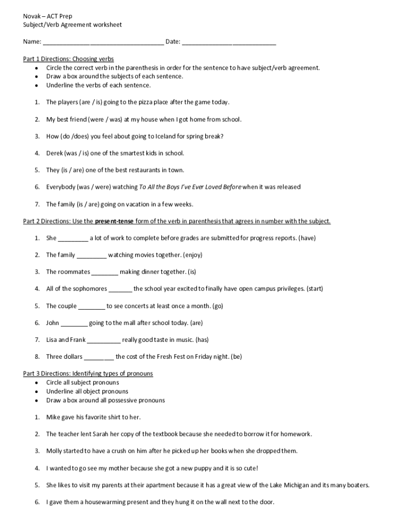 Fillable Online Date: Subject-Vert Agreement Worksheet (Fill-In Part 1 ...