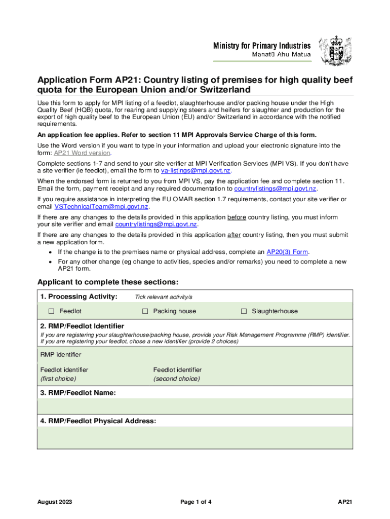 Fillable Online Application Form AP21: Country listing of premises for ...