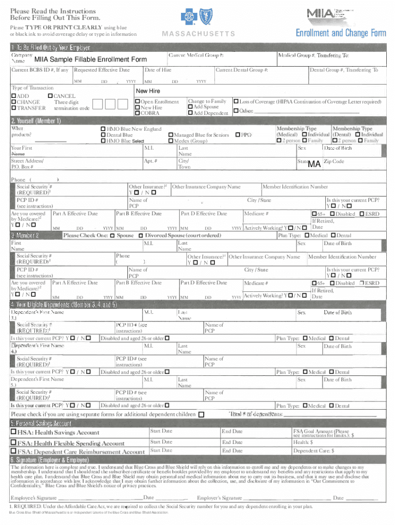 Fillable Online peabody k12 ma Blue Cross Enrollment and Change Form ...