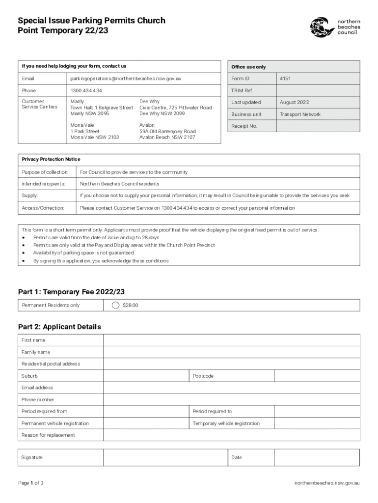 Fillable Online Special Issue Parking Permits Church Point Temporary 22/23 Fax Email Print ...