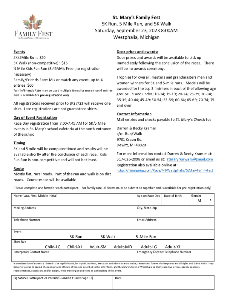 Fillable Online St. Mary's Parish Family Fest 5K/5Mile and Color Run ...
