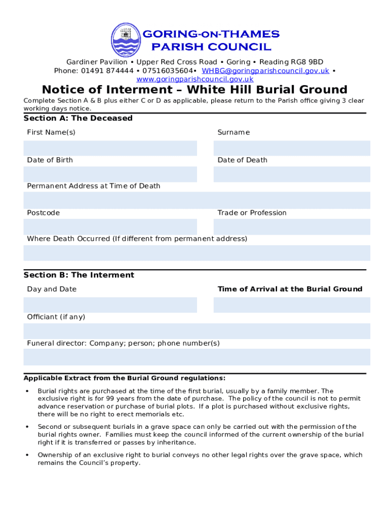 Notice of IntermentWhite Hill Burial Ground Doc Template | pdfFiller