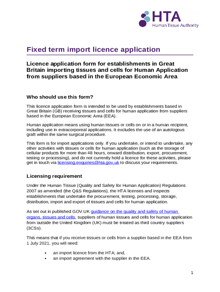 HTA-For-037 Fixed Term Licence Application Importing into GB from EEA Doc Template | pdfFiller