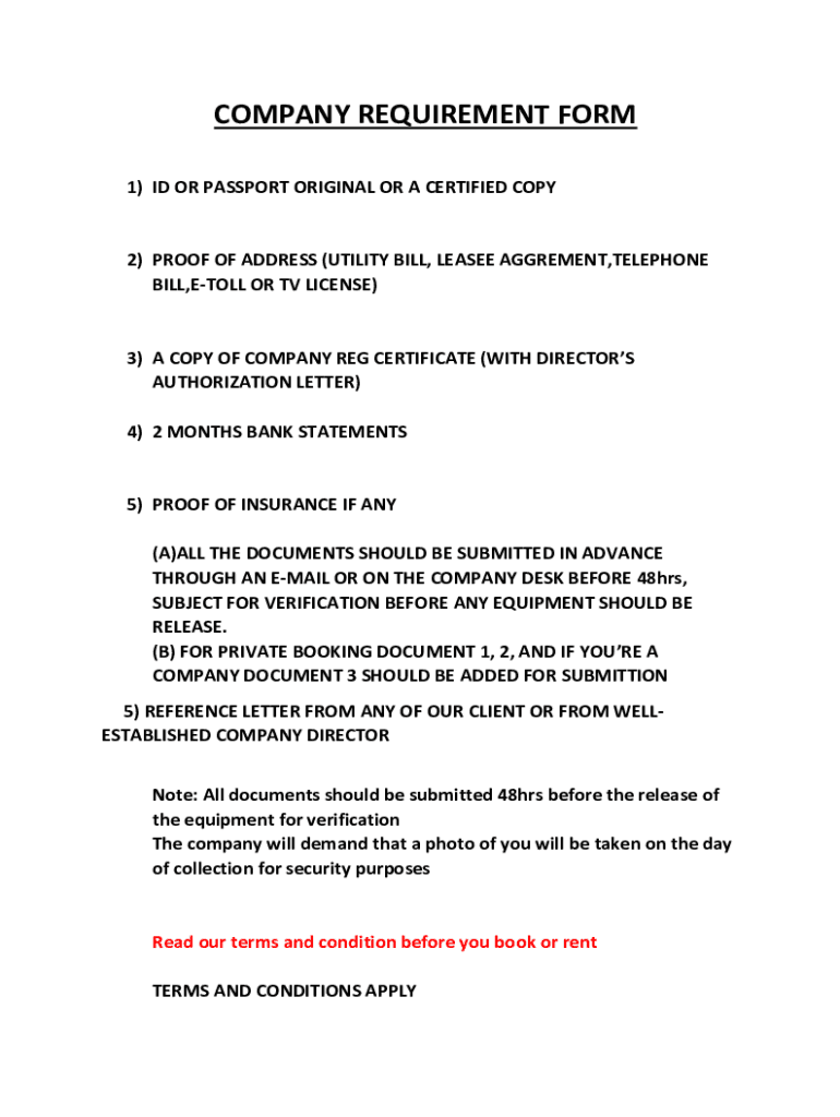 Fillable Online COMPANY REQUIREMENT FORM Fax Email Print - pdfFiller