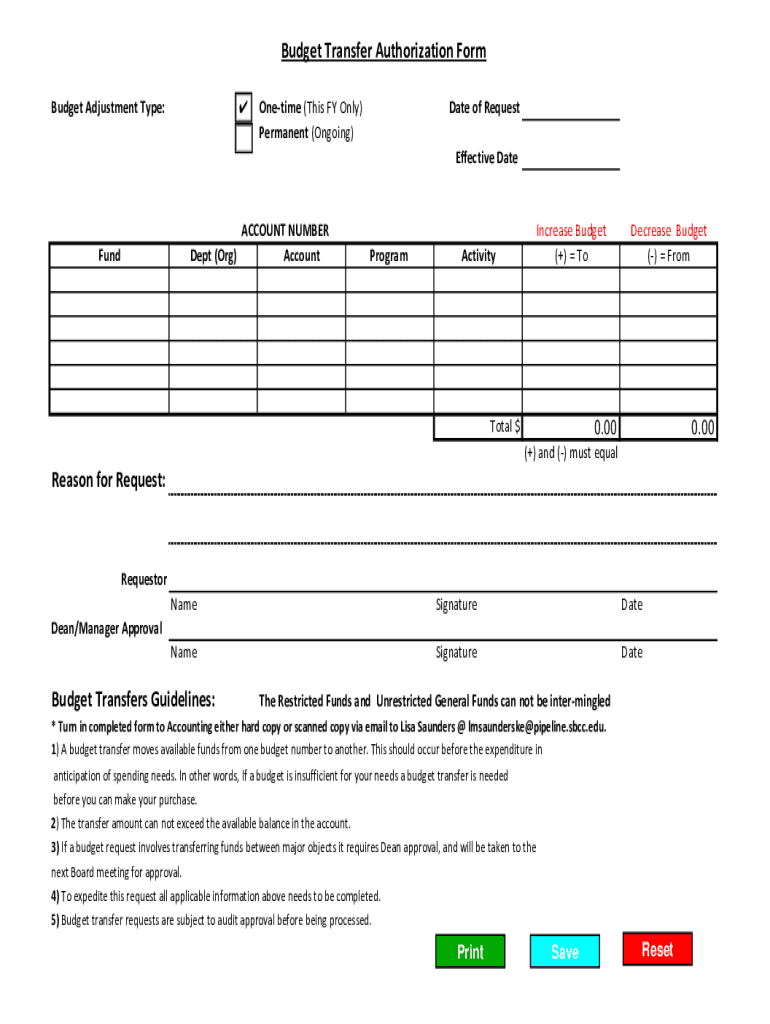 Fillable Online Budget Transfer Authorization Form Fax Email Print ...