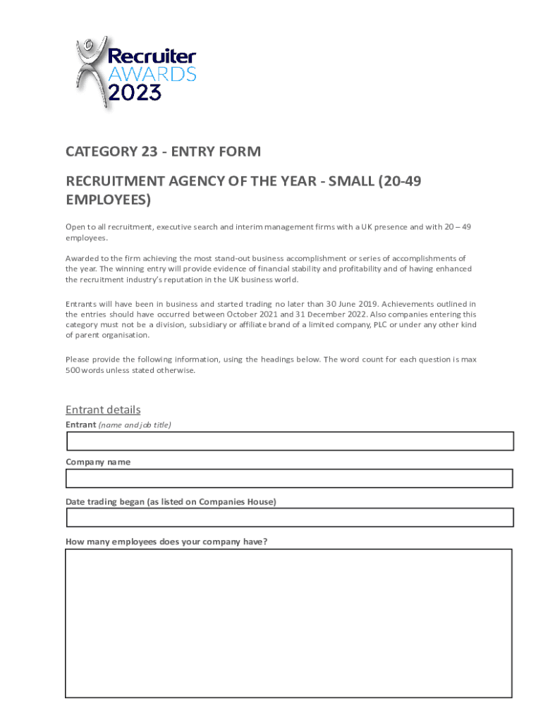 Fillable Online 23. RECRUITMENT AGENCY OF THE YEAR - SMALL (20-49 ...