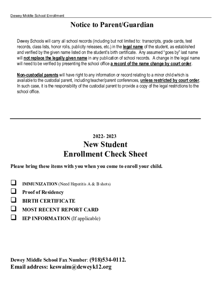 Fillable Online Notice to Parent/Guardian Dewey Schools will carry all ...