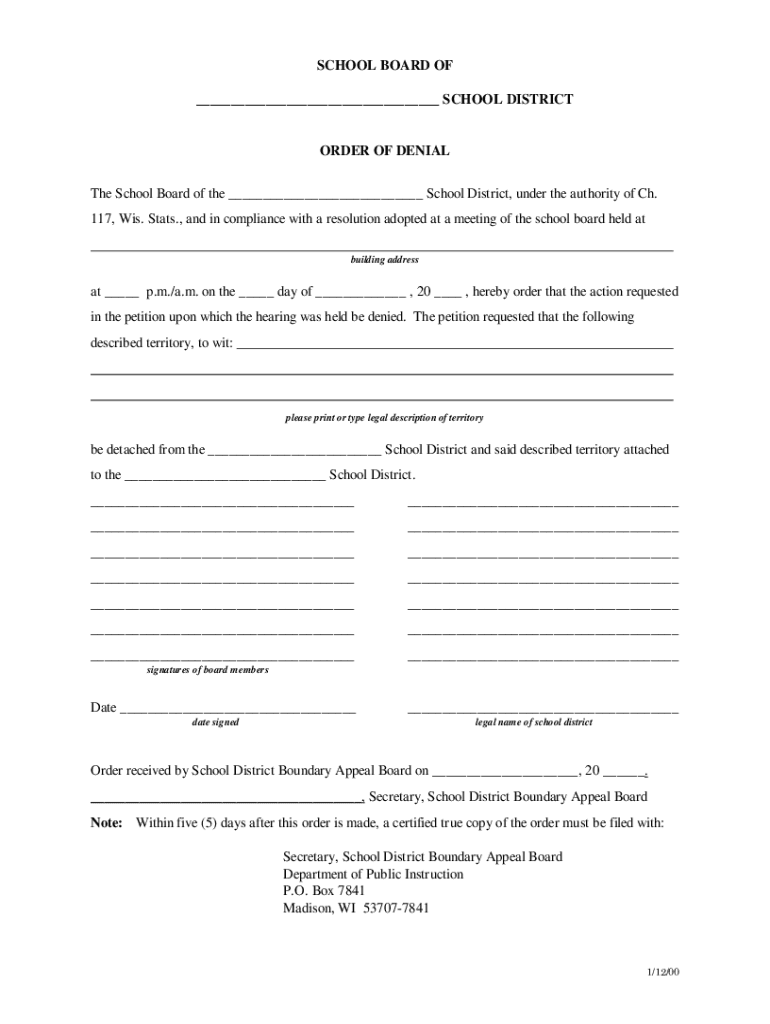 Fillable Online dpi wi School District Board Order of Denial Form. School District Boundary ...
