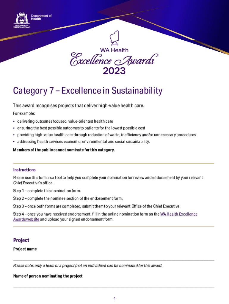 Fillable Online WA Health Excellence Awards Category 7 Nomination Form ...