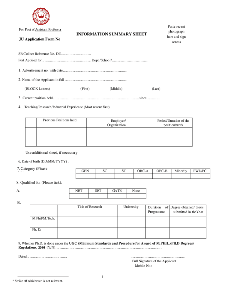 Fillable Online 1 For the Post of Assistant Professor JU Application ...