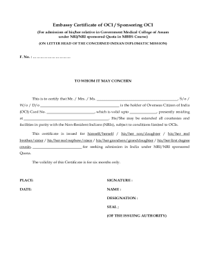 Fillable Online Embassy Certificate of OCI / Sponsoring OCI Fax Email ...