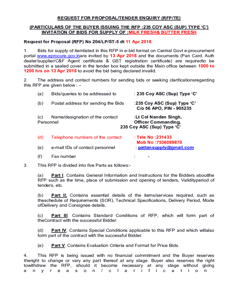 Fillable Online REQUEST FOR PROPOSAL FORMAT (Particulars of Fax Email ...