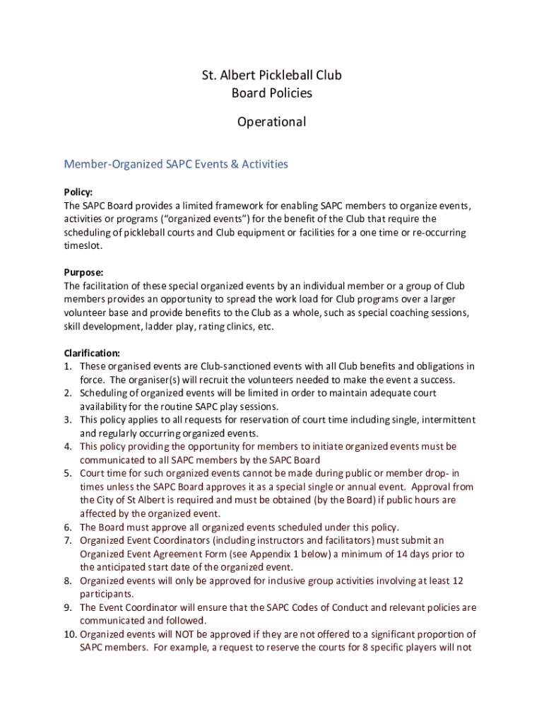 Fillable Online St. Albert Pickleball Club Board Policies Operational ...