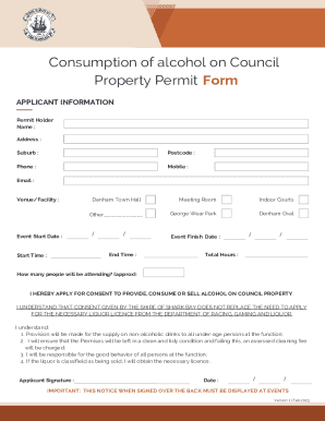 Fillable Online Consumption of alcohol on Council Property Permit Form ...