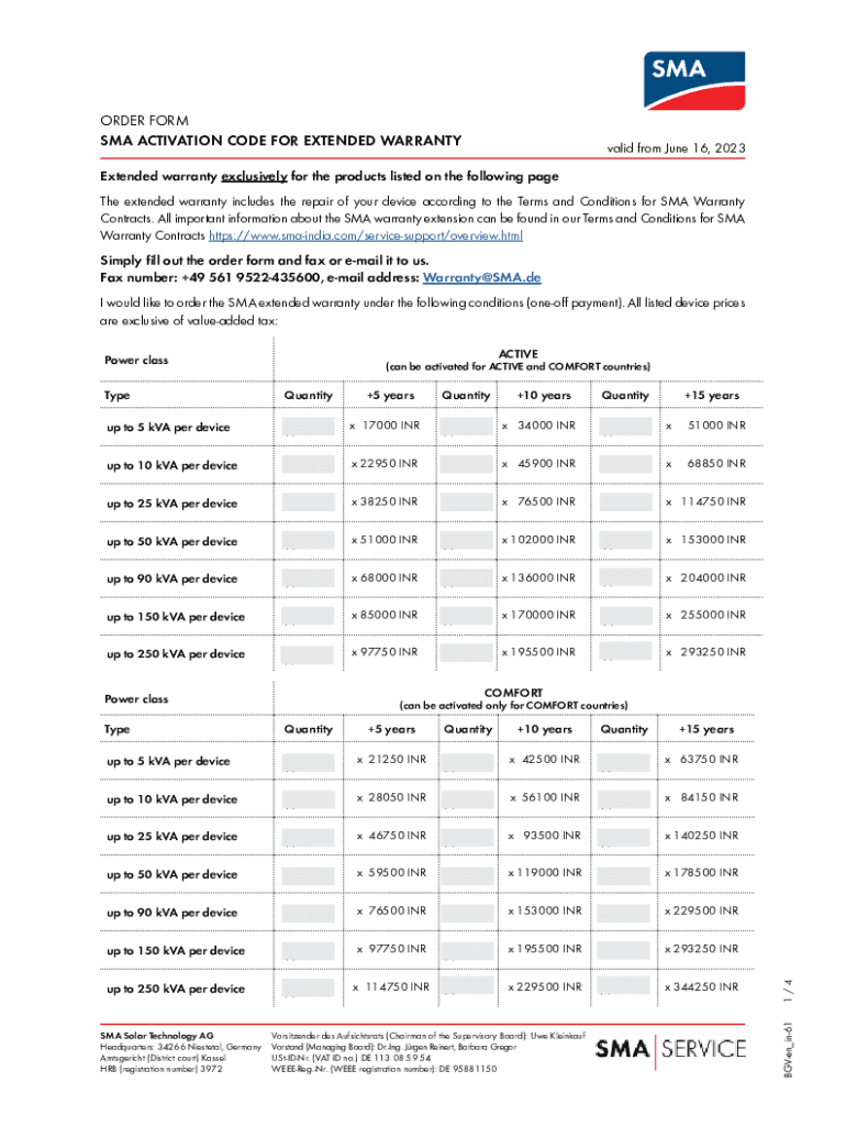 Fillable Online Order form - SMA Activation Code for Extended Warranty ...