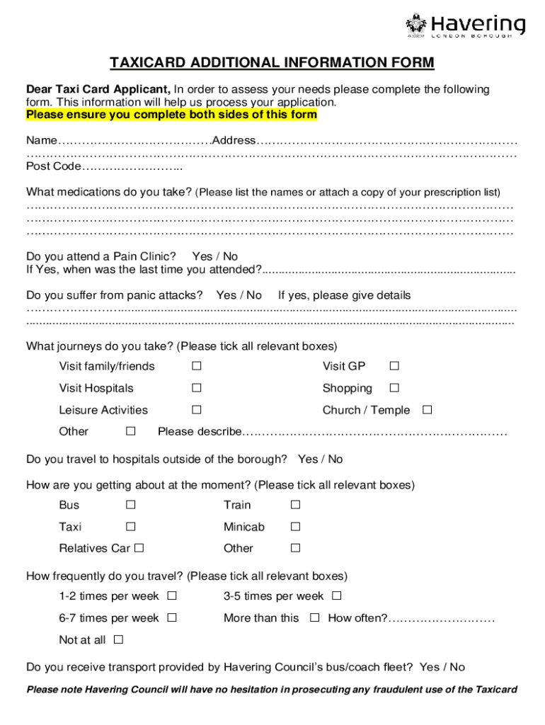 Fillable Online London Taxicard Additional Information Form Fax Email ...
