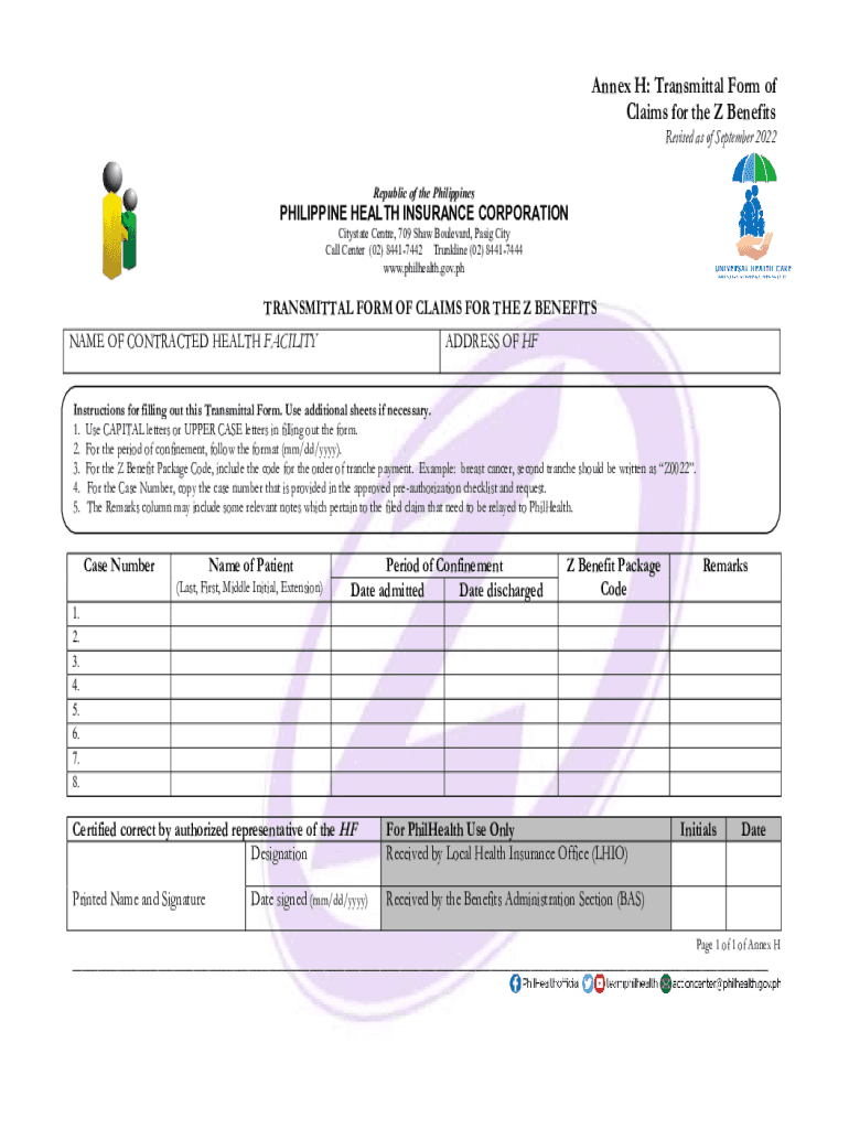 Fillable Online Annex H: Transmittal Form of Claims for the Z Benefits Fax Email Print - pdfFiller