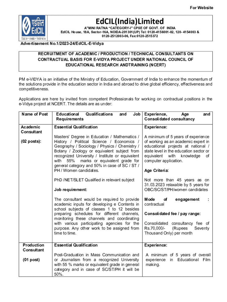 Fillable Online ncert nic I CPSE of Govt. Of India EdCIL House, 18-A, Sector Fax Email Print ...