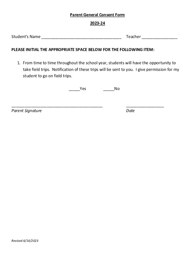 Fillable Online Parent General Consent Form 2023-24 Student's Name Fax ...