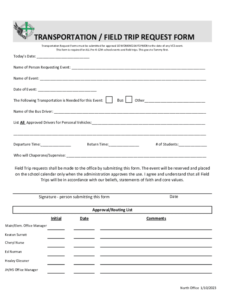 Fillable Online TRANSPORTATION / FIELD TRIP REQUEST FORM Fax Email ...