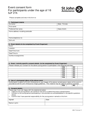 Fillable Online Event consent form For participants under the age of 16 ...