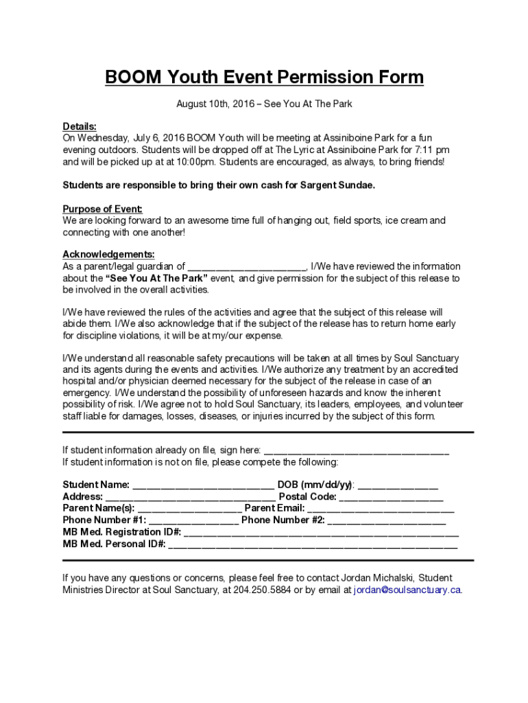 Fillable Online BOOM Youth Event Permission Form - Soul Sanctuary Fax ...