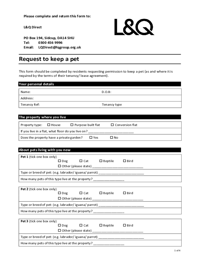 Fillable Online Request to keep a Pet form Fax Email Print - pdfFiller