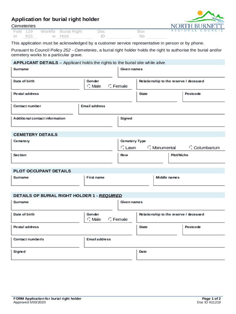 Application for burial right holder - northburnett qld gov Doc Template ...