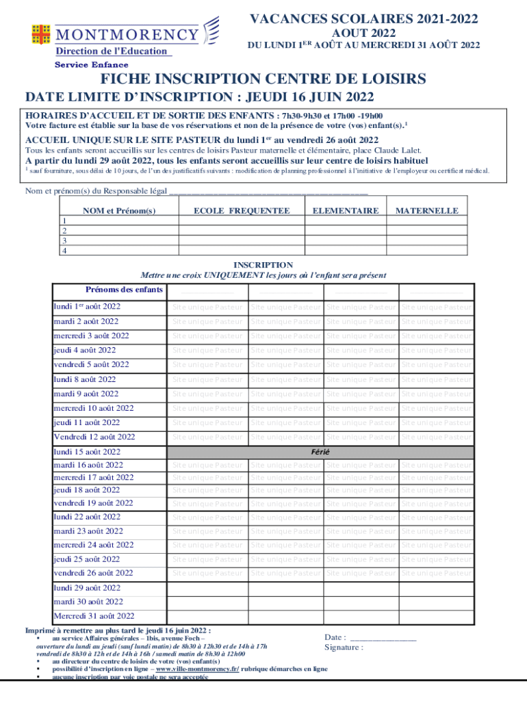 Remplissable En Ligne L'accueil de loisirs des vacances scolaires Fax Email Imprimer - pdfFiller